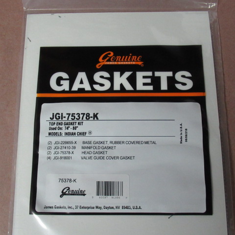 CHIEF TOP END GASKET KIT Part # JGI-75378. Fits 1932-1953 Chief 74 ...